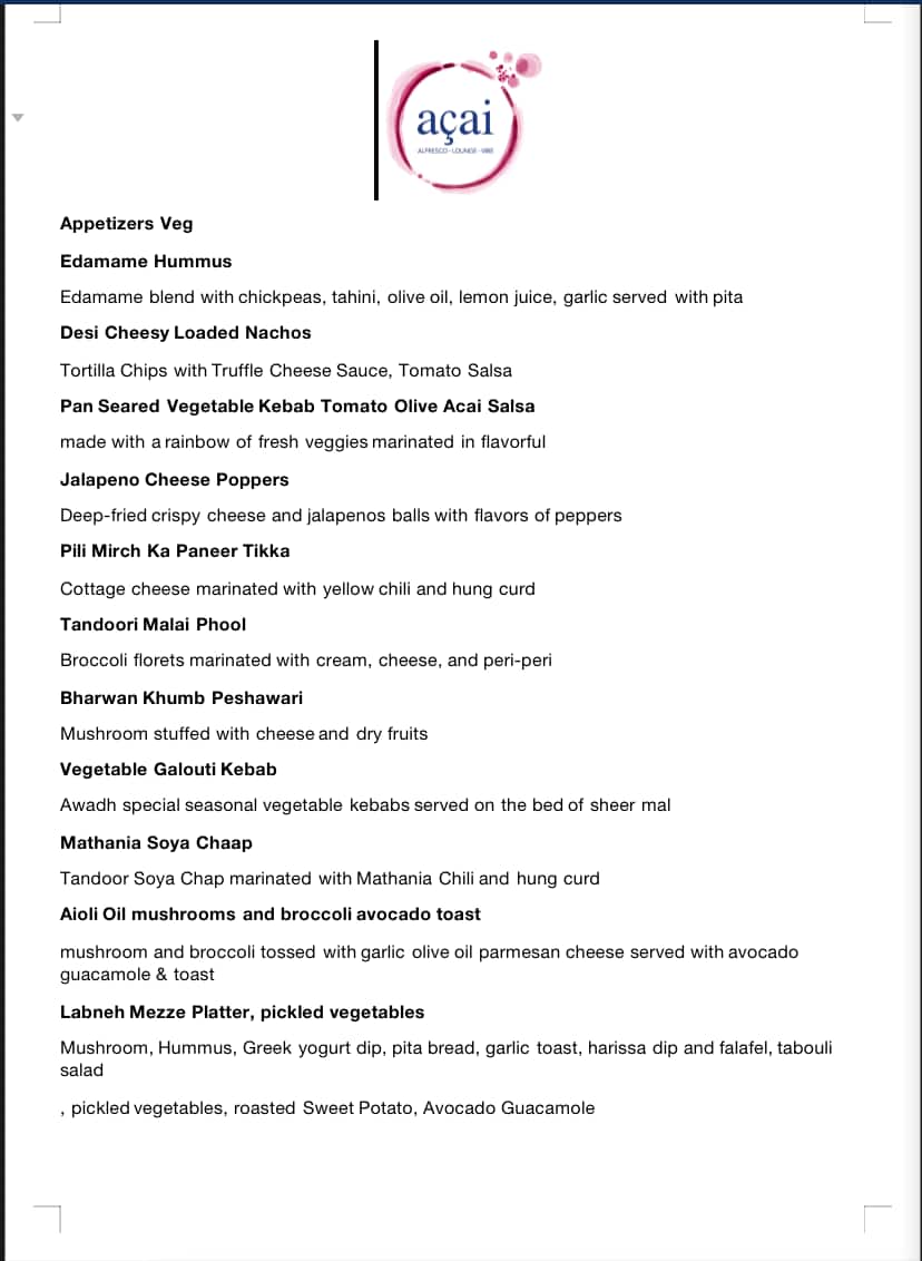 Menu of Acai, Dhole Patil Road, Pune