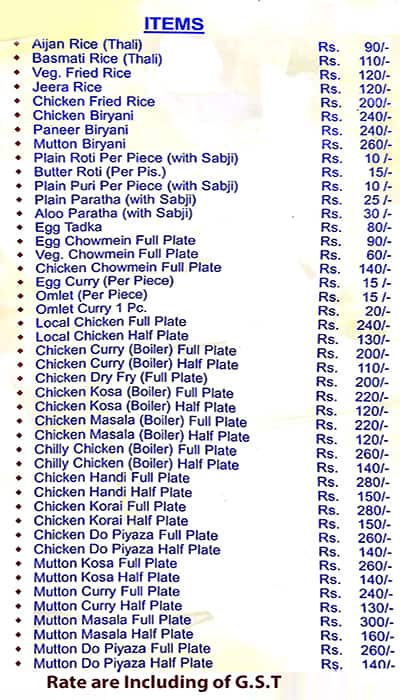 Menu of Maa Manasha Hotel, Maligaon, Guwahati