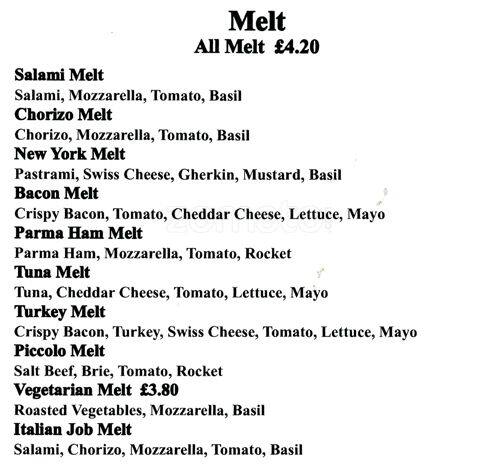 Menu at Piccolo Deli cafe, London