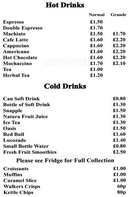 Menu at Piccolo Deli cafe, London