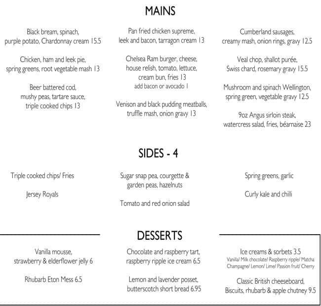 Menu at Chelsea Ram pub & bar, London, Chelsea 32 Burnaby Street