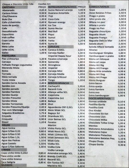 Menu em Cafe Art, Lisboa