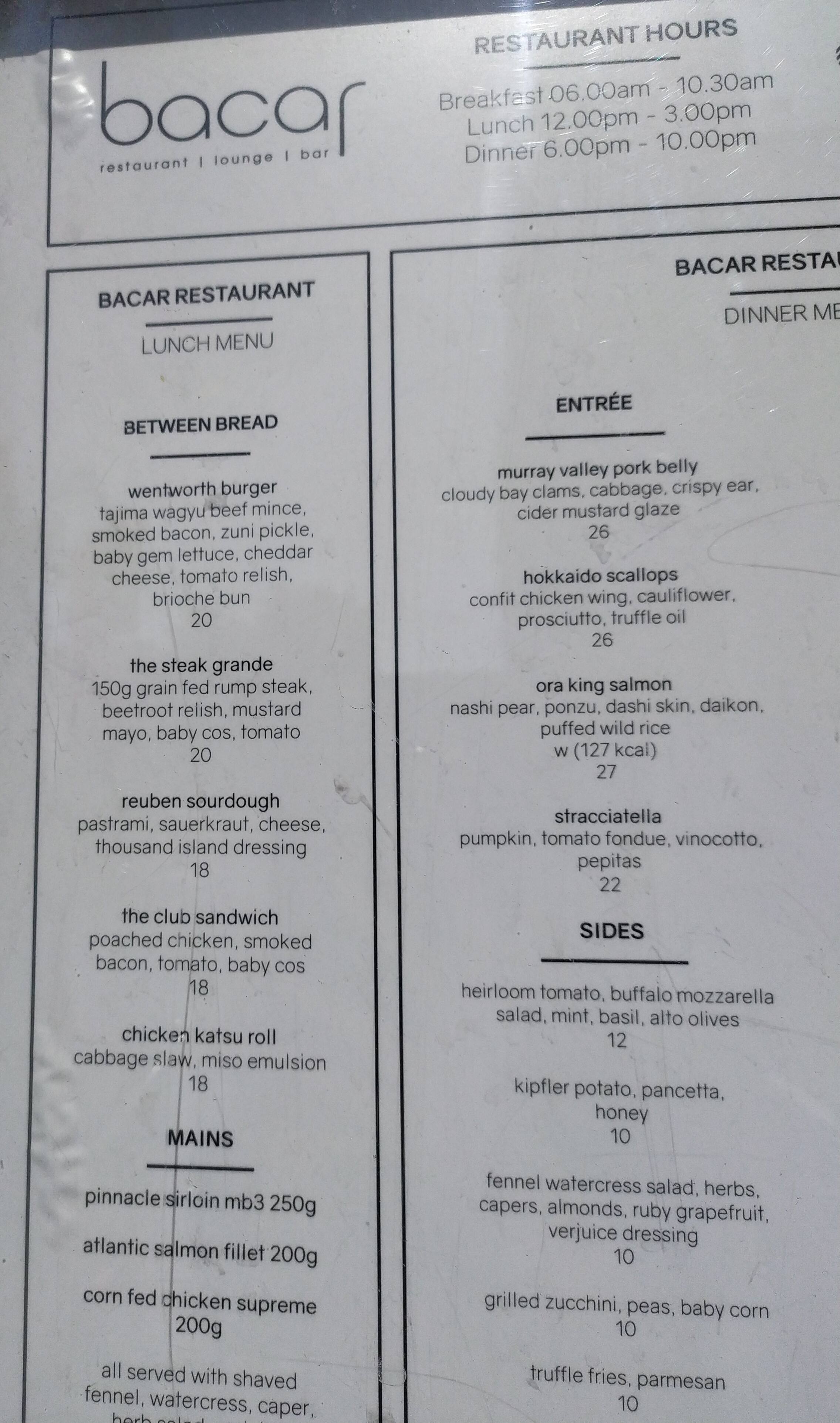 Menu at Bacar Restaurant, Sydney Olympic Park, Olympic Bvd