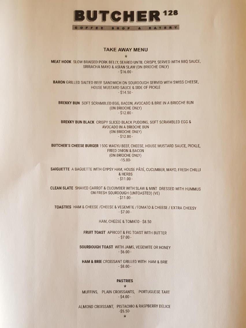 Menu at Butcher 128 cafe, Yarraville