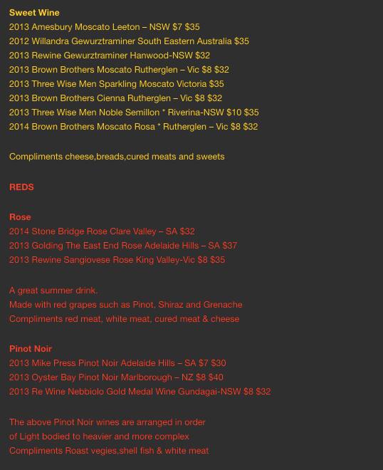 Menu at Dimples Essendon club, Essendon