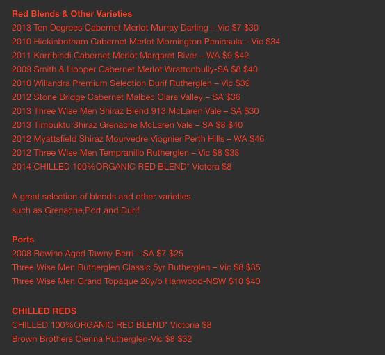 Menu at Dimples Essendon club, Essendon