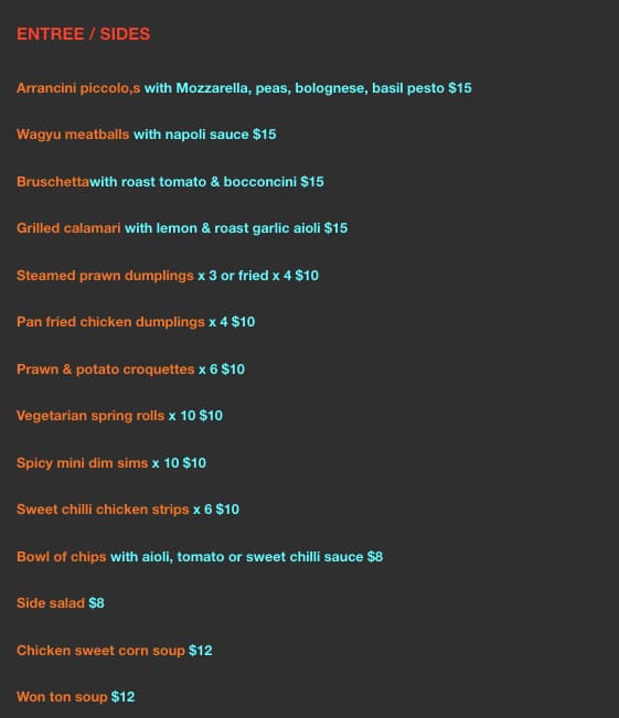 Menu at Dimples Essendon club, Essendon