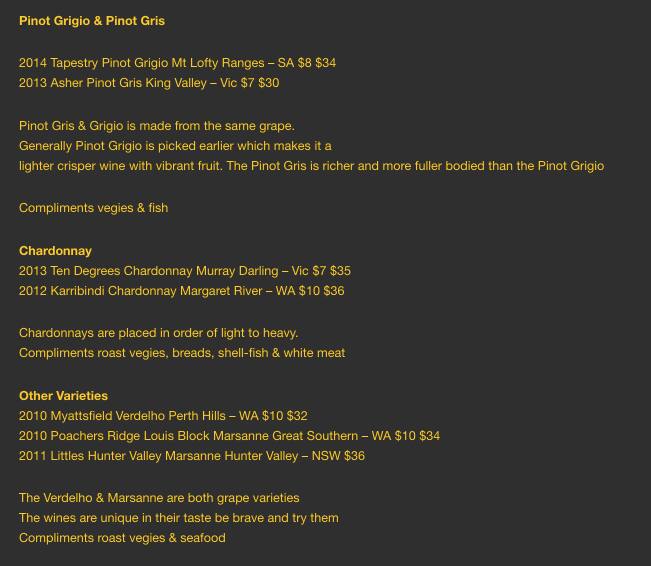 Menu at Dimples Essendon club, Essendon