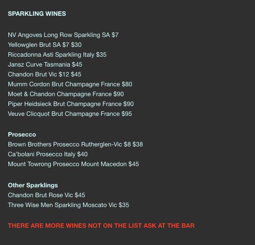 Menu at Dimples Essendon club, Essendon