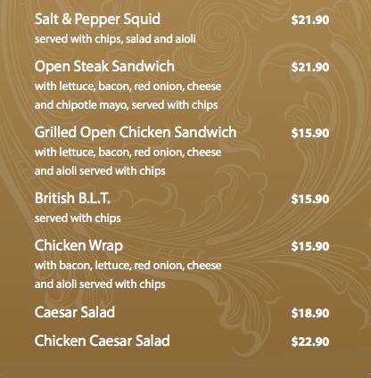 Menu at British Hotel pub & bar, North Adelaide