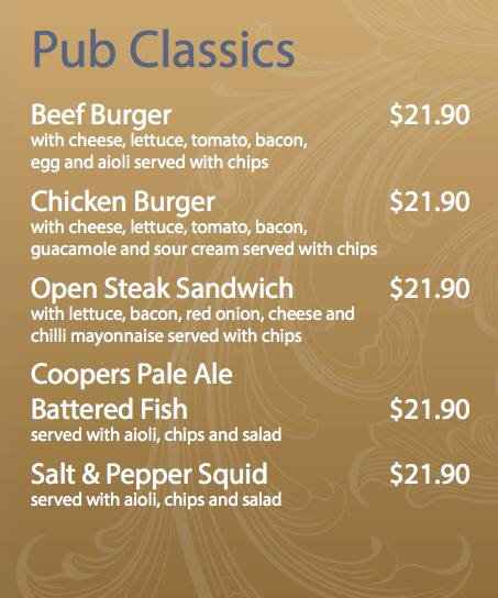 Menu at British Hotel pub & bar, North Adelaide