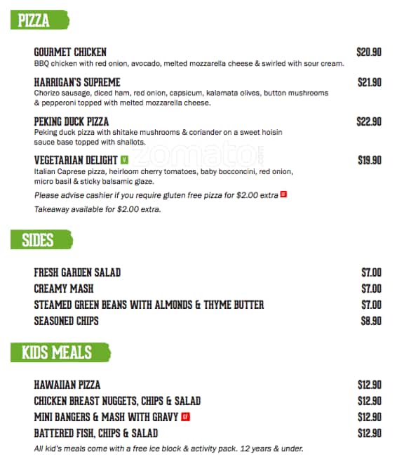 Menu at Harrigans Irish Pub, Pokolbin