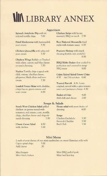Menu at Library Annex Restaurant, St. Louis