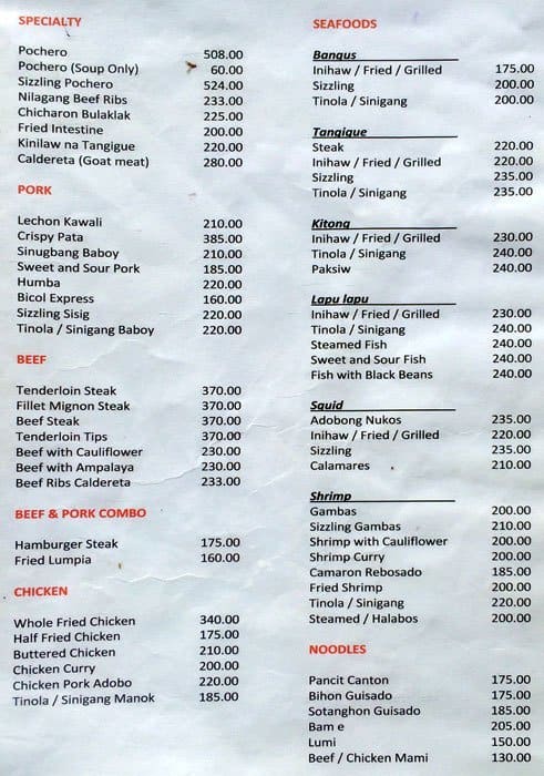 Carta del restaurante Kusina Clasica, Cebú, GND Building