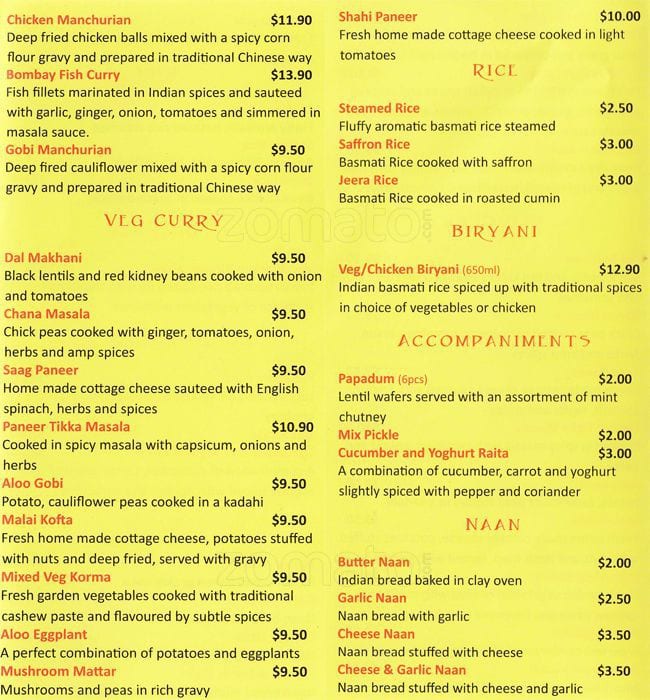 Menu at Des Raj Indian Restaurant, Adelaide