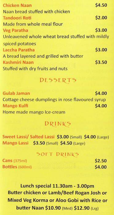 Menu at Des Raj Indian Restaurant, Adelaide