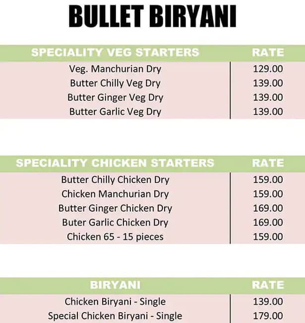 Menu of Bullet Biryani, Bellandur, Bangalore