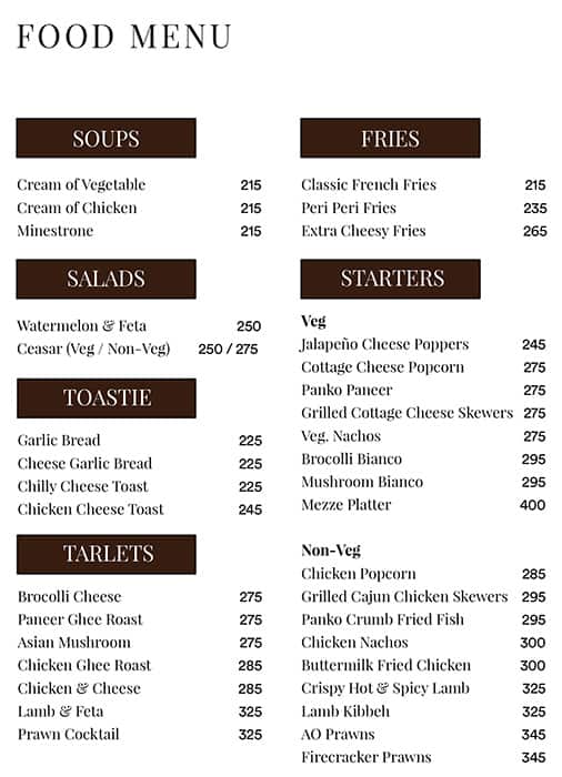 Menu of Koliba Bar & Cafe, Begumpet, Hyderabad