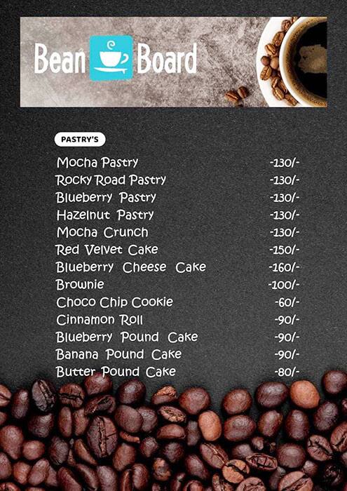 Menu of Bean Board, Balayya Sastri Layout, Vizag