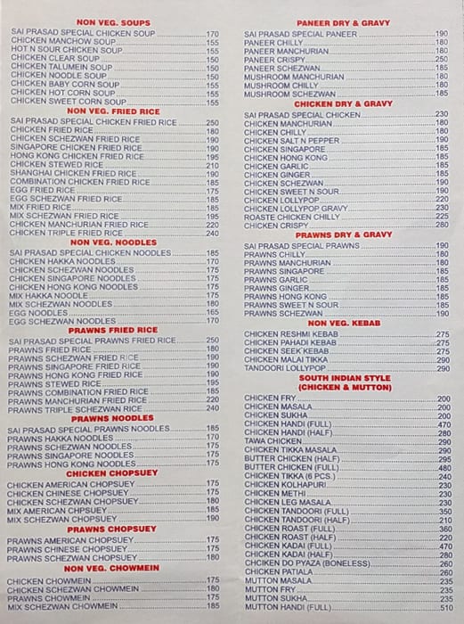 Menu of Hotel Sai Prasad, Bandra East, Mumbai
