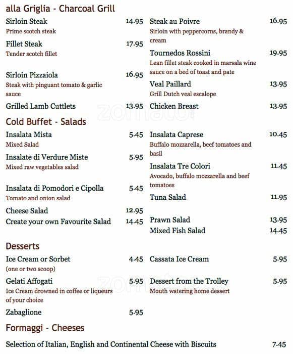 Menu at Trattoria Verdi restaurant, London