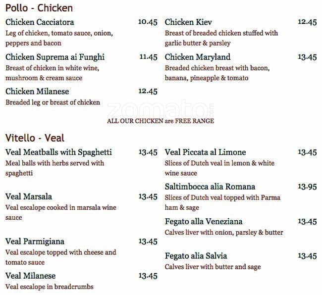 Menu at Trattoria Verdi restaurant, London