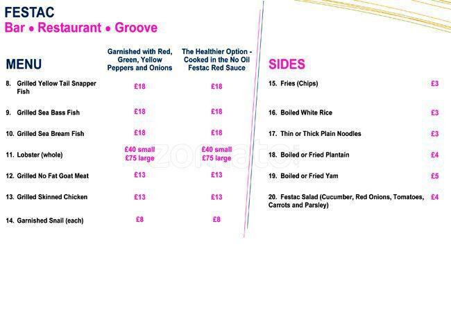 Menu at Festac Bar, London