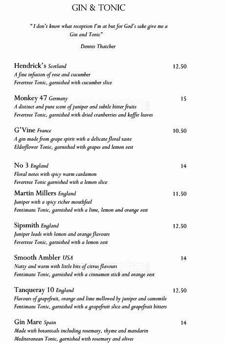 Menu at The Gin Bar, London