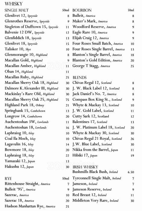 Menu at The Gin Bar, London