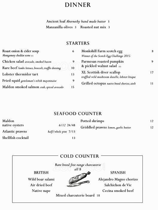 Menu at The Gin Bar, London