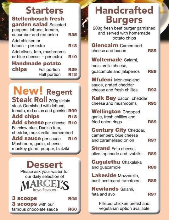Menu at Regent Burger Bar, Cape Town, 82 Regent Rd