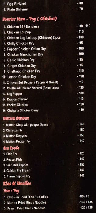 Menu at Chettinad Hot Kitchen, Chennai, 4/92