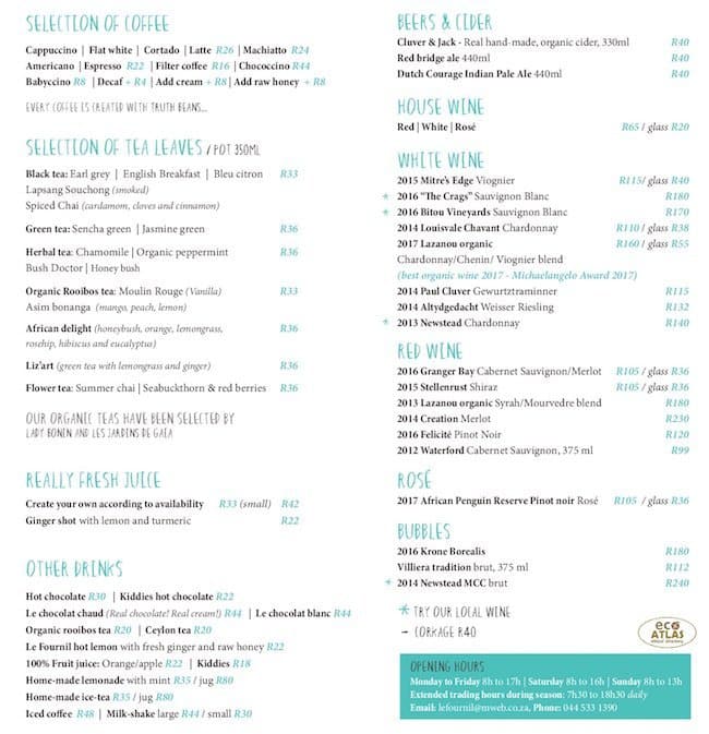 Menu at Le Fournil De Plett Bakery and Café, Plettenberg Bay