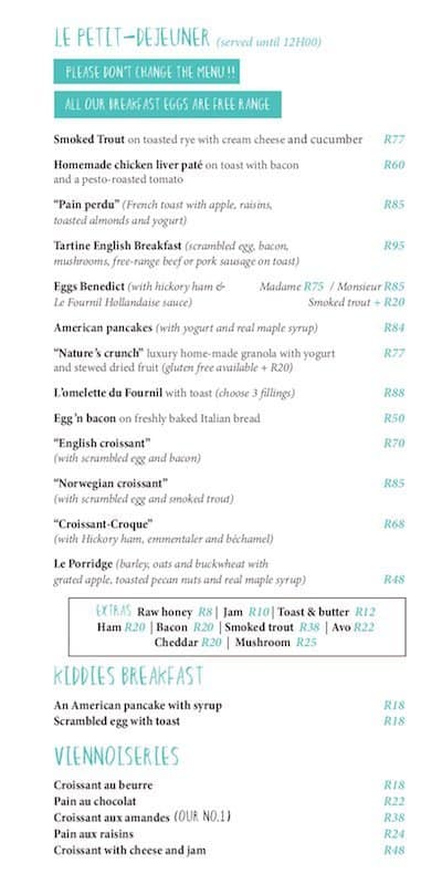 Menu at Le Fournil De Plett Bakery and Café, Plettenberg Bay