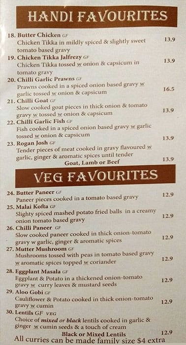 Menu at Handi Indian Restaurant, Vermont