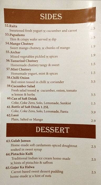 Menu at Handi Indian Restaurant, Vermont