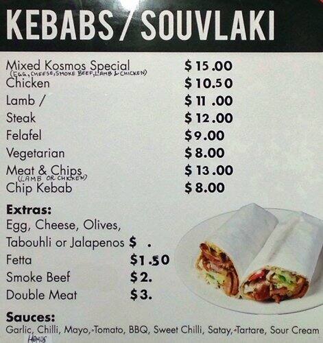 Menu at Cosmos Kebabs fast food, Connolly