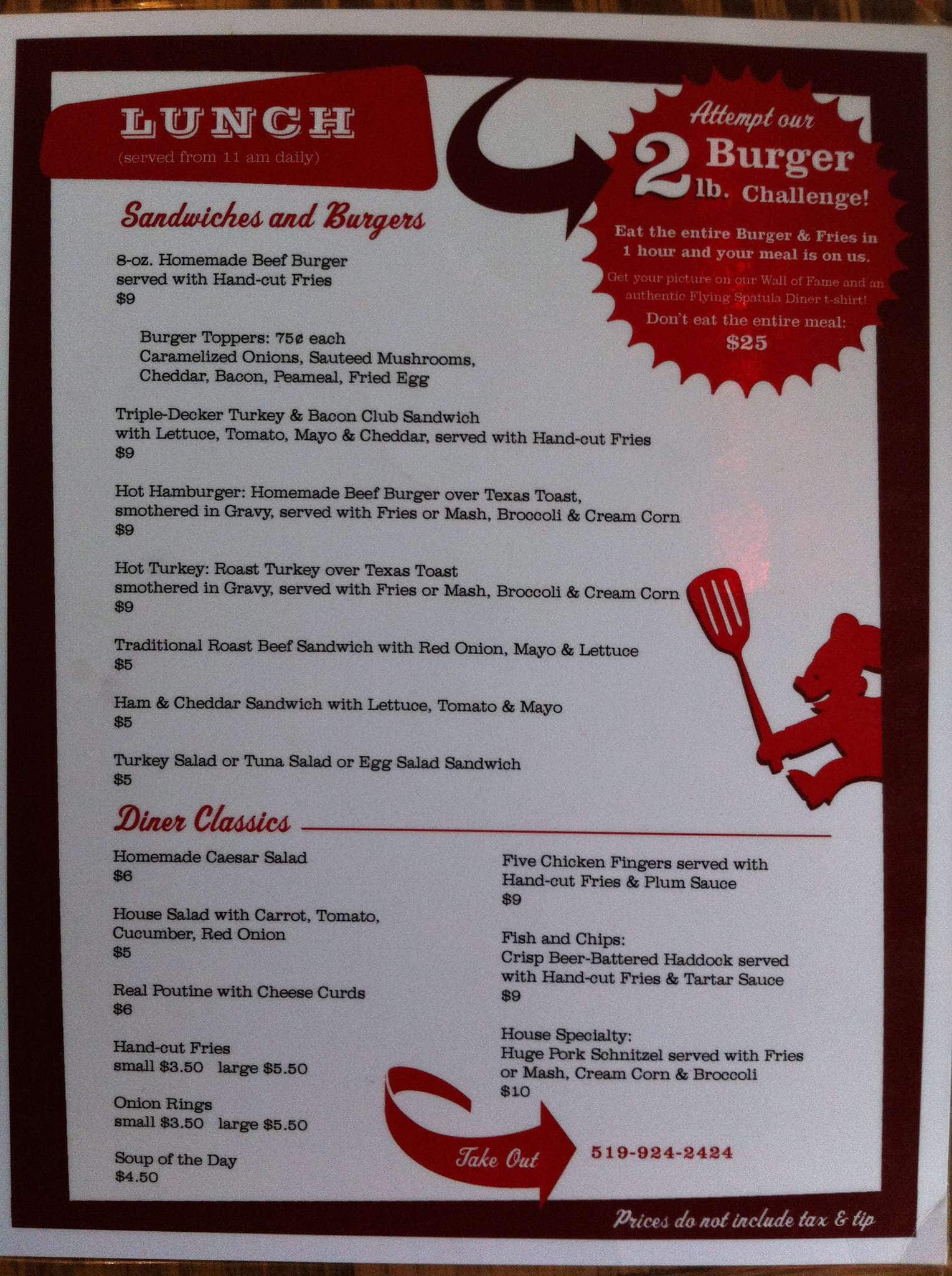 Menu at The Flying Spatula restaurant, Flesherton