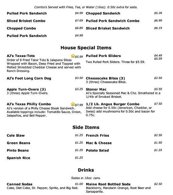 Menu at Aj's Ranch Road Grill BBQ, San Marcos, Old Ranch Rd 12