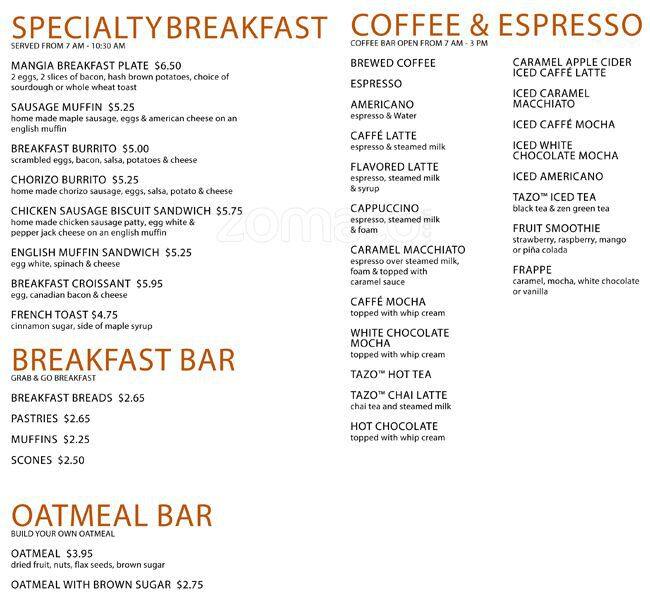 Menu at Mangia Bevi Café cafe, Greenwood Village