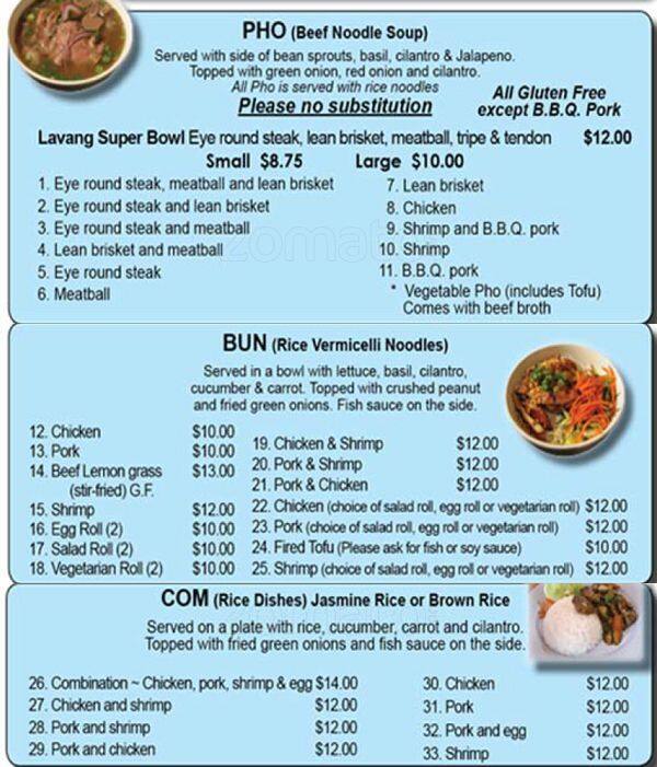 Menu at Pho Lavang pub & bar, Lake Oswego