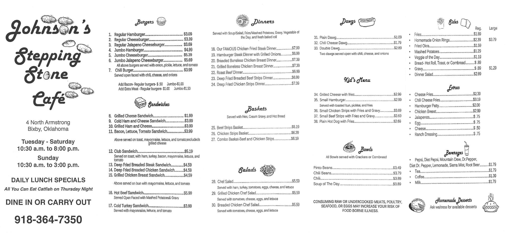 Menu at Johnson''s Stepping Stone Cafe, Bixby