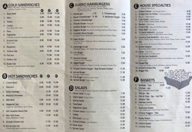 Menu at Scottie's Sub Shop restaurant, Anchorage