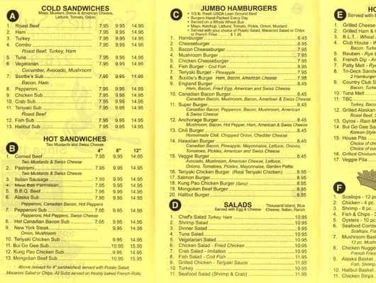 Menu at Scottie's Sub restaurant, Anchorage