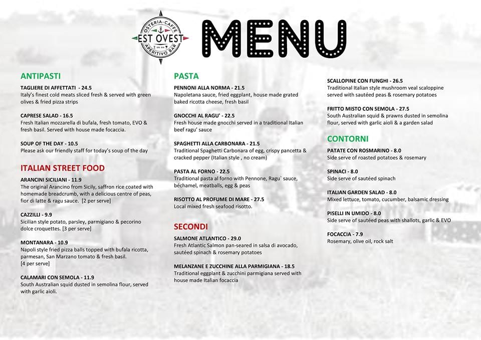 Menu at Est Ovest pizzeria, Adelaide