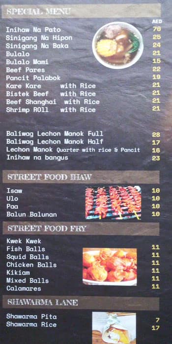 Menu at Baliwag Cafeteria, Dubai