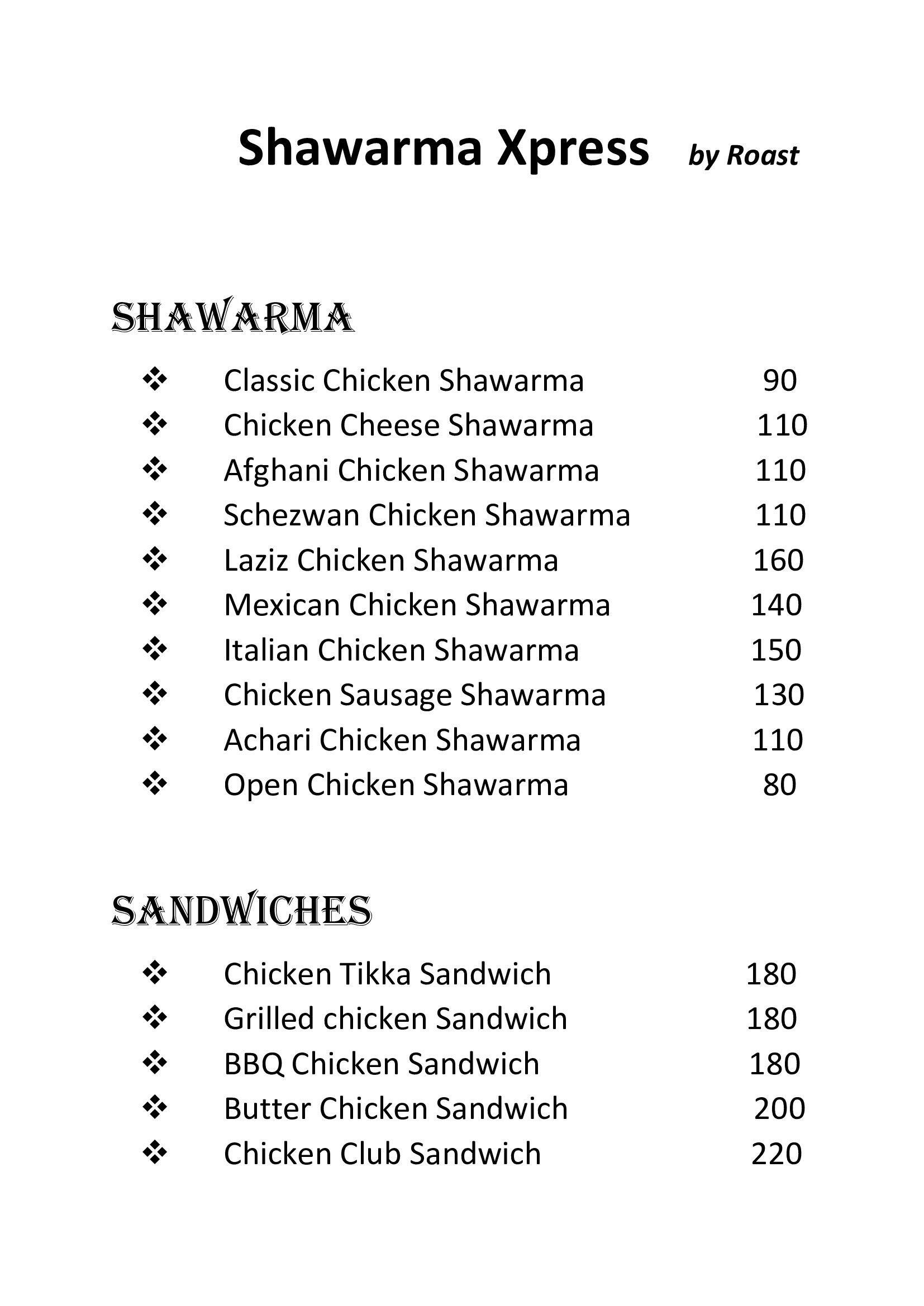 Menu of Shawarma Express, Bajaj Nagar, Nagpur