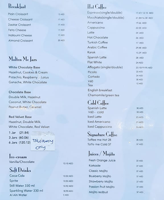 Menu of Molten Me, Jumeirah 1, Dubai