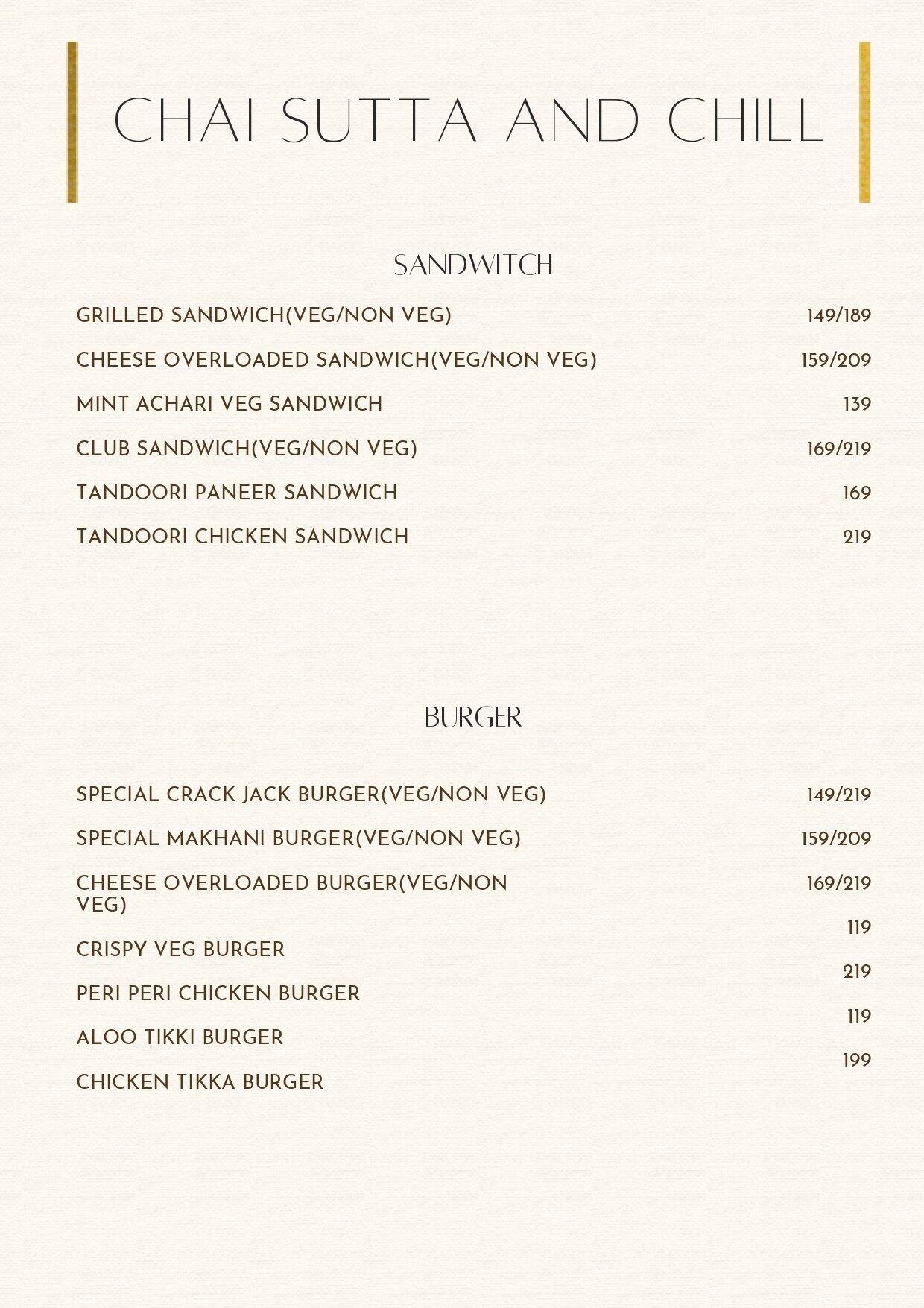 Menu of Chai Sutta And Chill, Crossing Republik, Ghaziabad