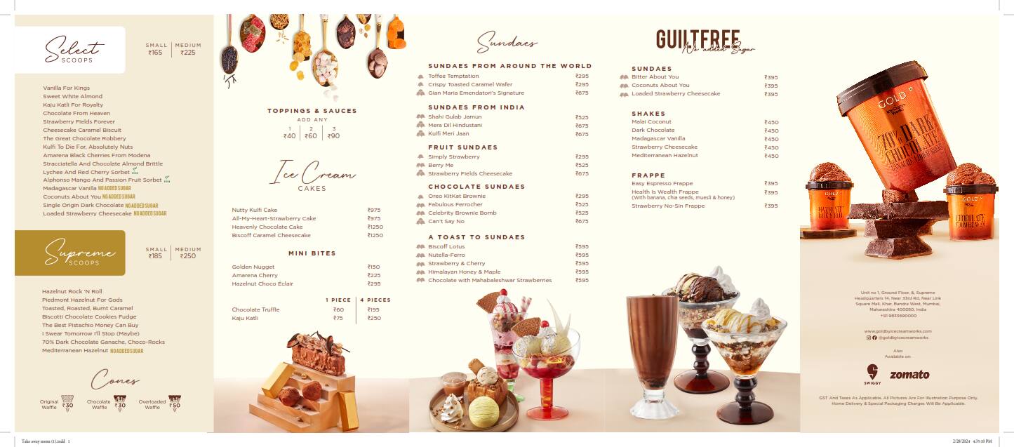 Menu of Gold By Ice Cream Works, Vile Parle East, Mumbai